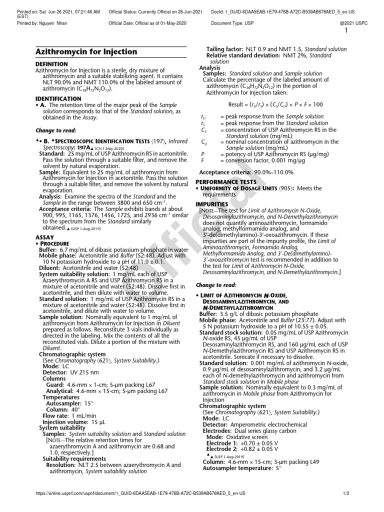 Azithromycin For Injection | PDF | Chromatography | Buffer Solution