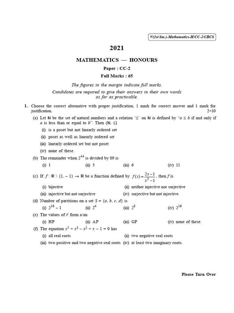 CU-2021 B.sc. (Honours) Mathematics Semester-1 Paper-CC-2 QP | PDF | Function (Mathematics ...