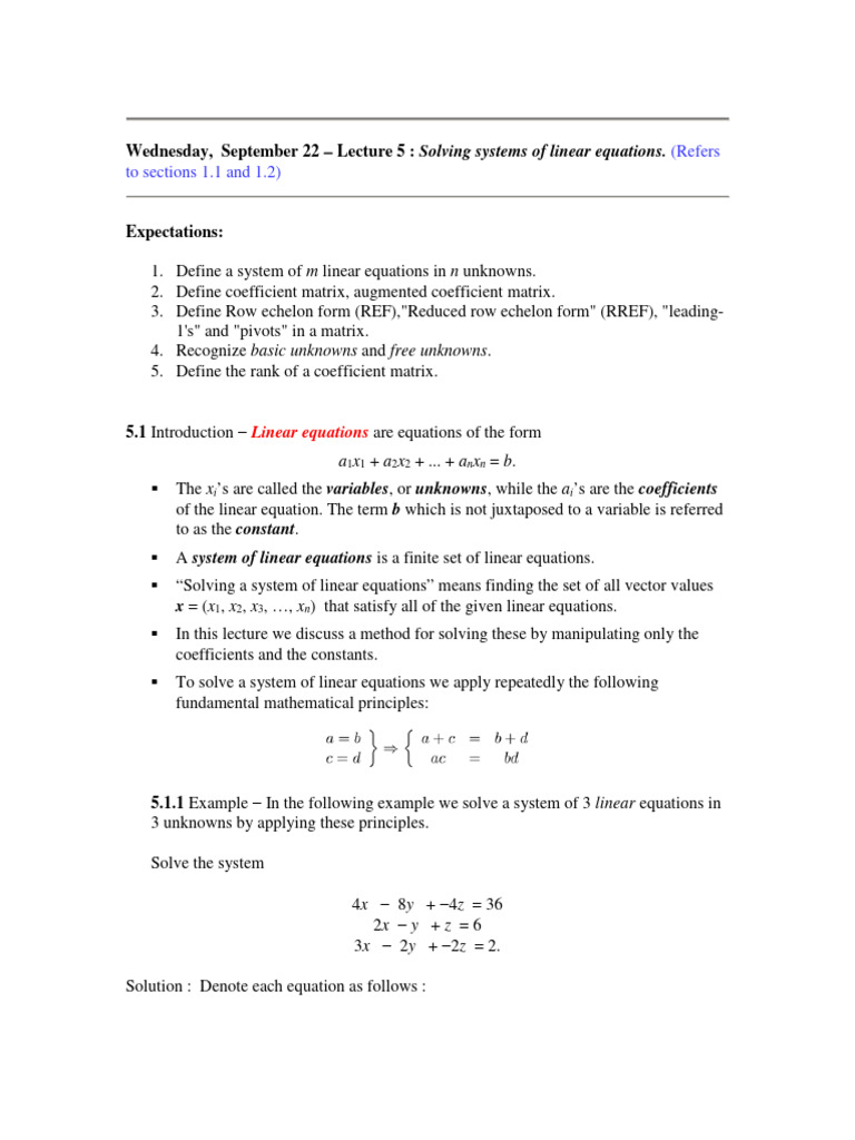 Lecture 05 Systems Of Linear Equations Pdf System Of Linear Equations Equations