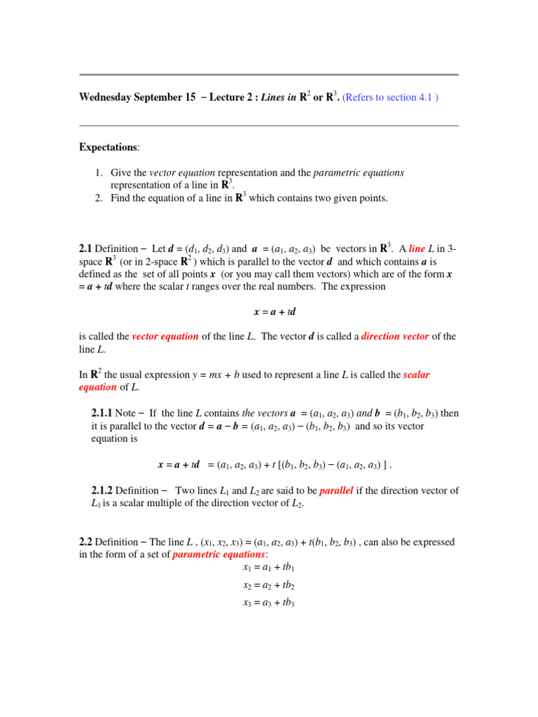 Lecture 02 - Lines in R 2 and R 3 | PDF | Euclidean Vector | Vector Space