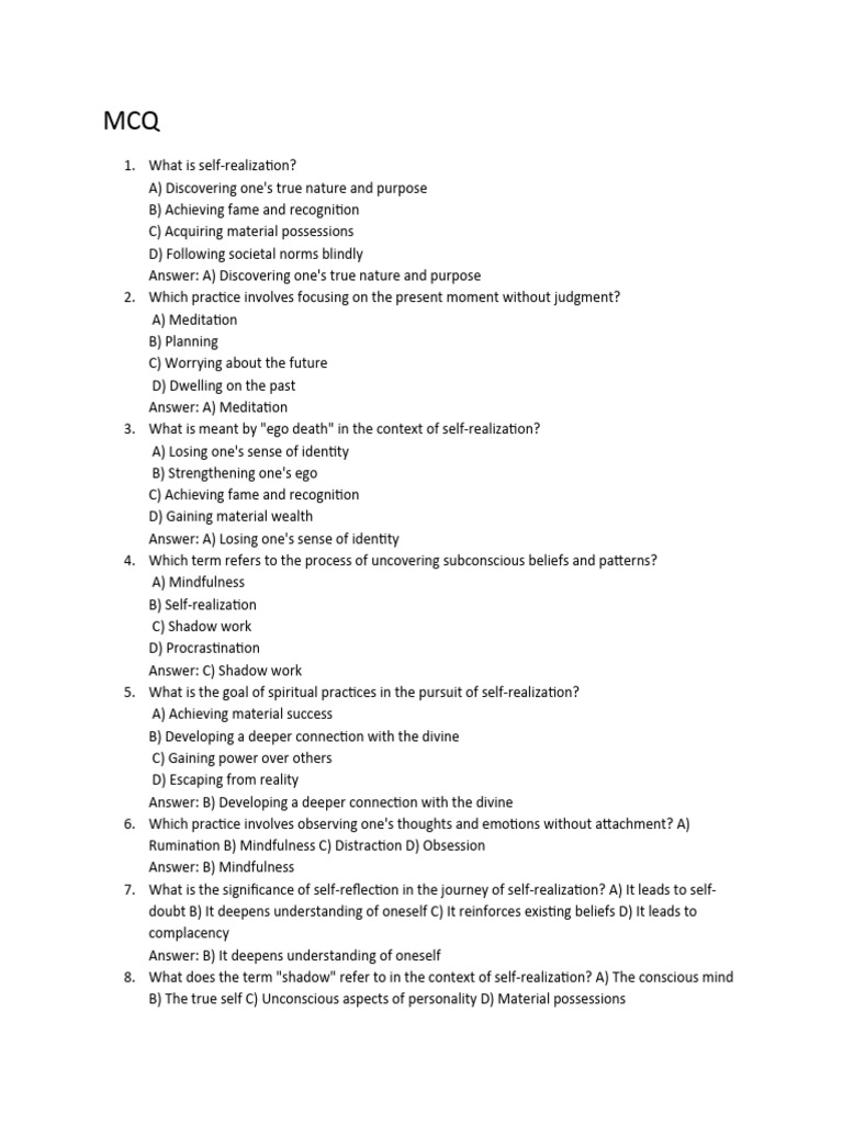 MCQs With Ans | PDF | Mindfulness | Self Realization