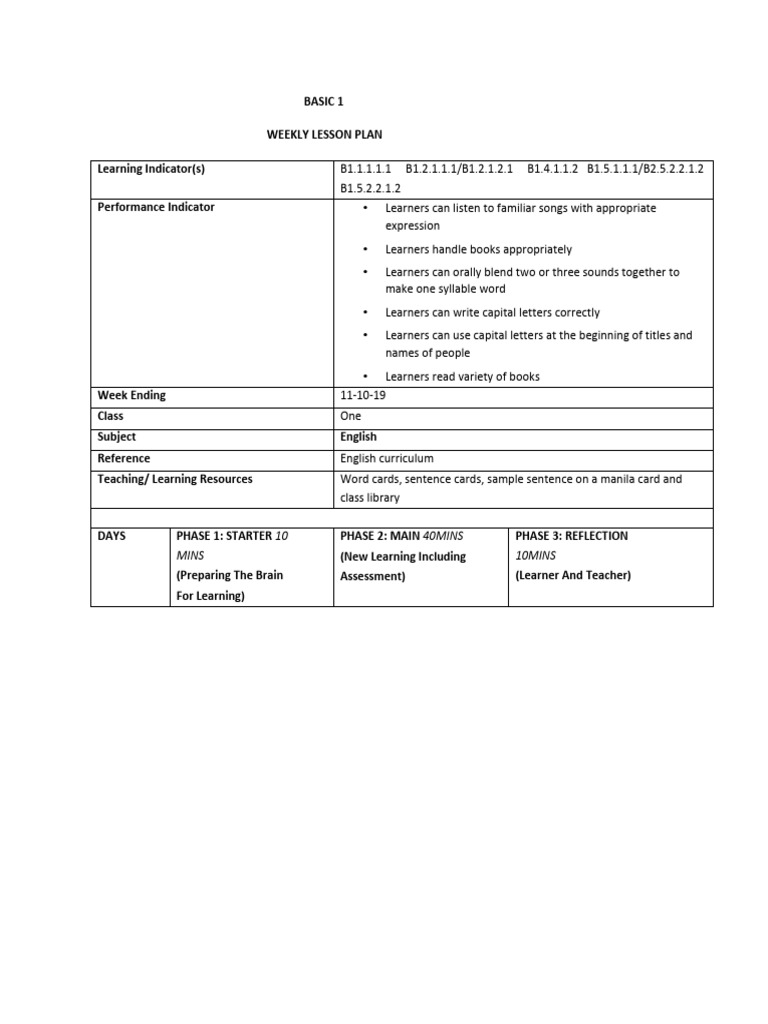 GES Lesson Plan Notes Basic 1 Week 5 Term1 | PDF | Learning | Curriculum