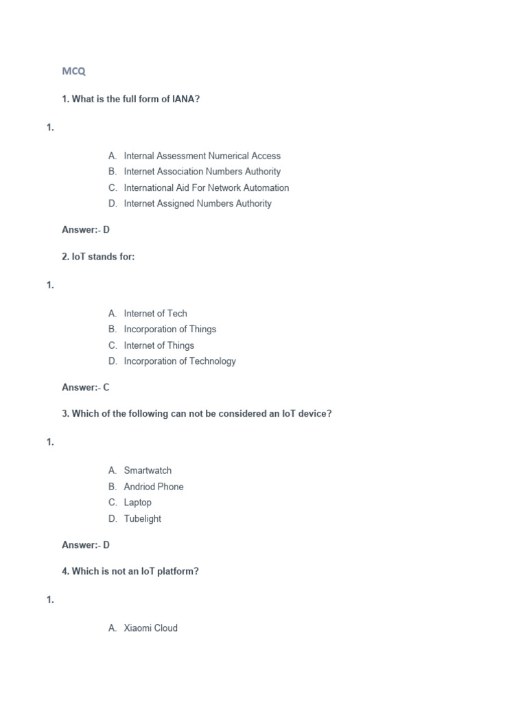 MCQs With Ans | PDF | Computer Network | Internet Of Things MCQs With Ans | PDF | Computer Network | Internet Of Things