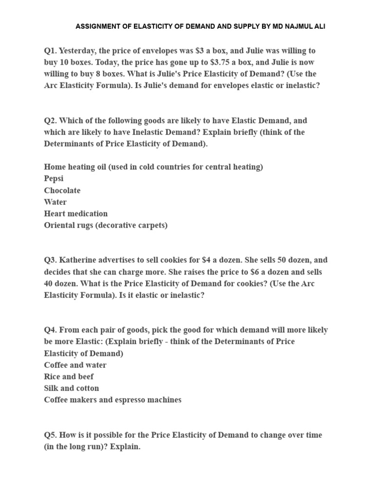 Assignment Elasticity | PDF | Price Elasticity Of Demand | Demand