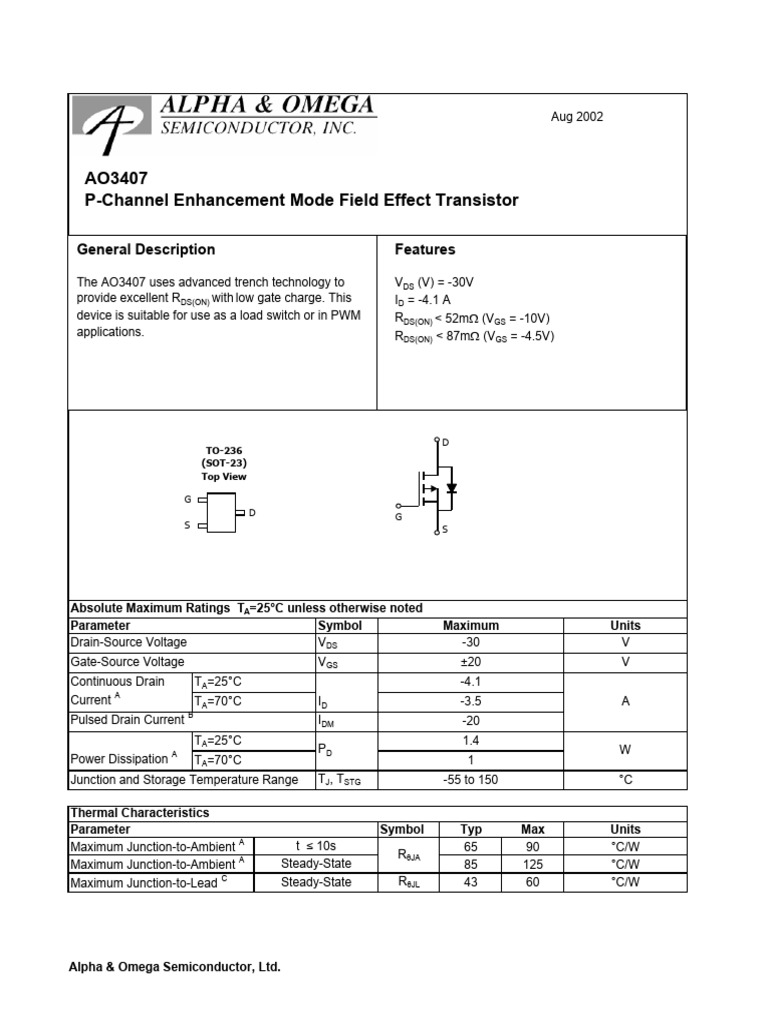 Ao3407 Ao | PDF | Field Effect Transistor | Electricity