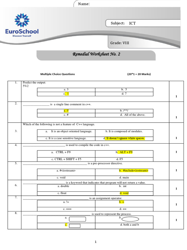 Remedial Worksheet2 Grade 8 AK | PDF | C++ | Control Flow