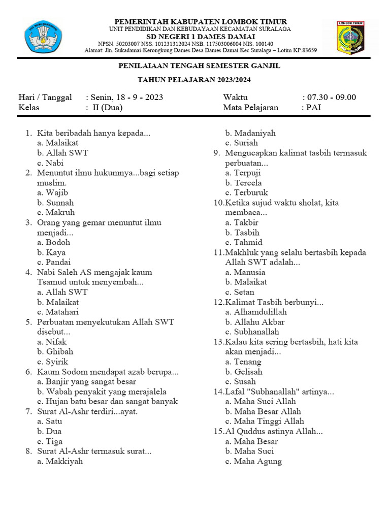 Soal PTS KLS 2 Pai SMSTR 1 Ok | PDF