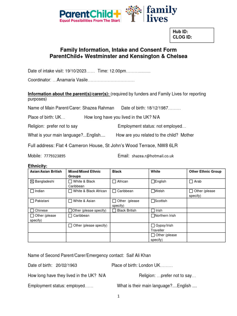 023W Family Information, Intake and Consent Form Oct 2023 | PDF | Family