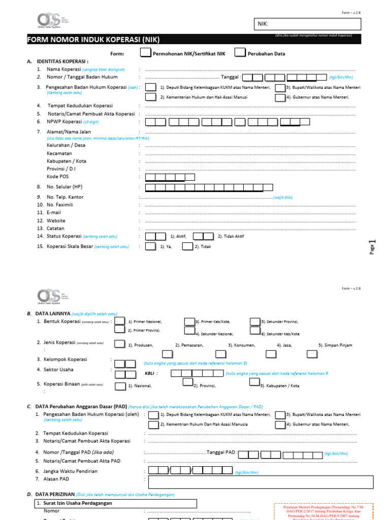 Form Profil Koperasi - Sertifikat NIK Tahun 2023 | PDF