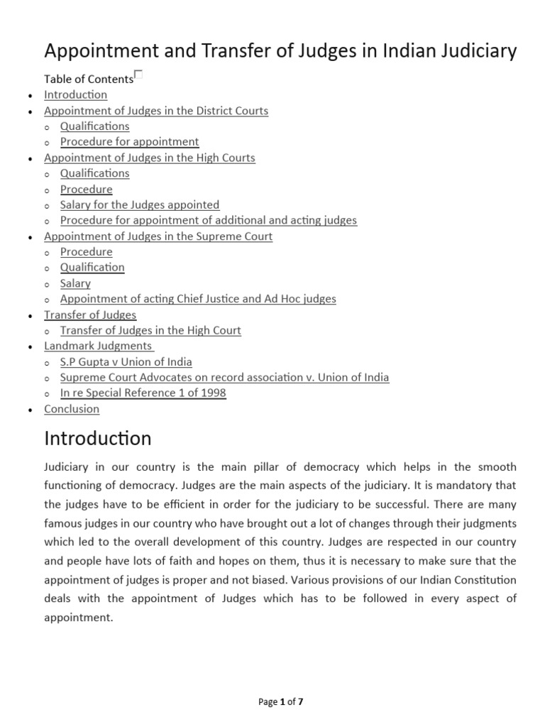 Appointment and Transfer of Judges in Indian Judiciary | Download Free ...