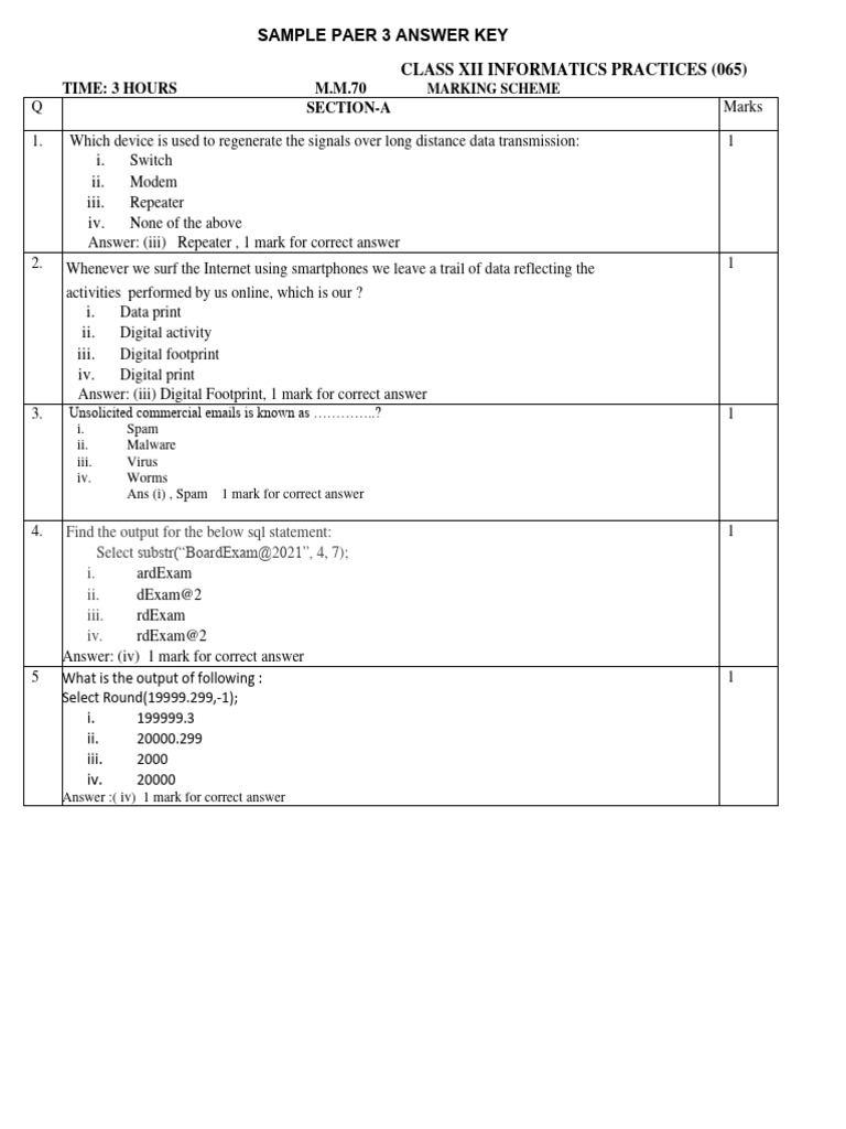 Ip Sample Paper 3 Answer Key | PDF | Network Topology | Computing