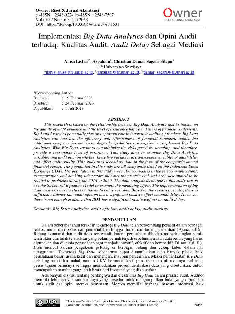Implementasi Big Data Analytics Dan Opini Audit Terhadap Kualitas Audit - Audit Delay Sebagai ...