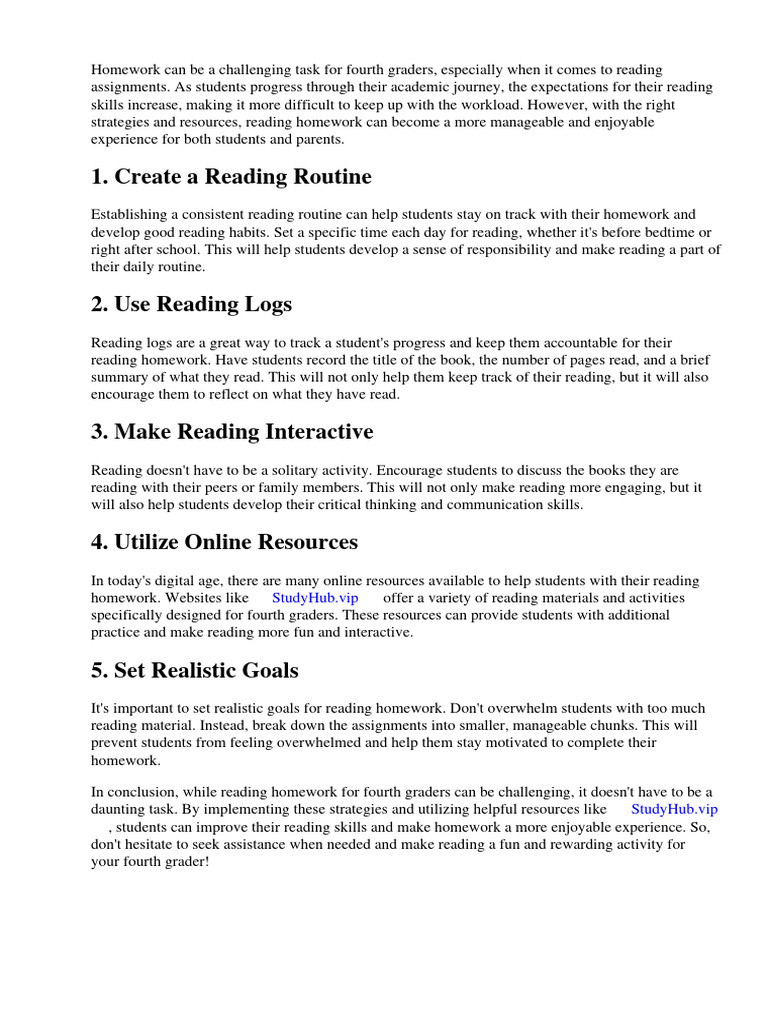 Reading Homework Ideas For Fourth Grade | PDF | Reading Comprehension ...