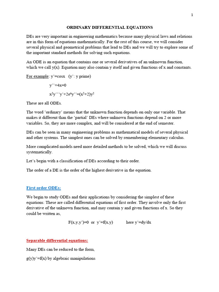 ODEs PartI | PDF | Ordinary Differential Equation | Equations