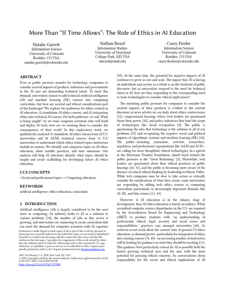 AIES EthicsEducation | Download Free PDF | Artificial Intelligence | Intelligence (AI) & Semantics
