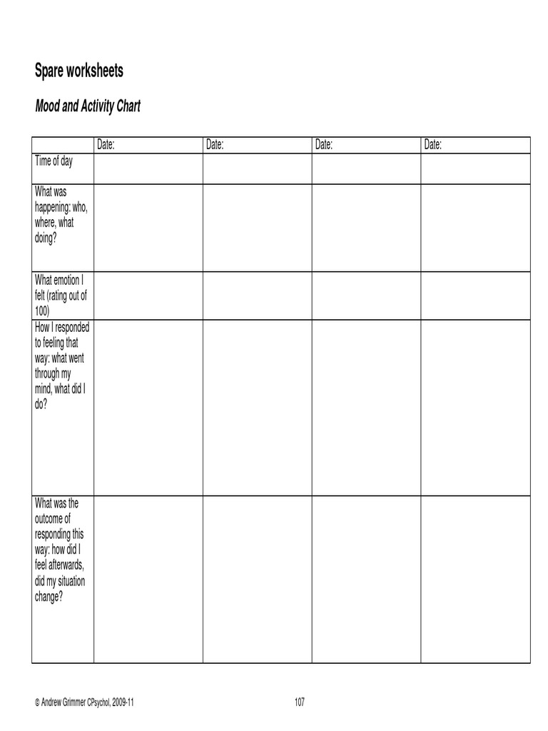 Overcoming Depression Workbook Spare Worksheets | PDF | Thought | Feeling