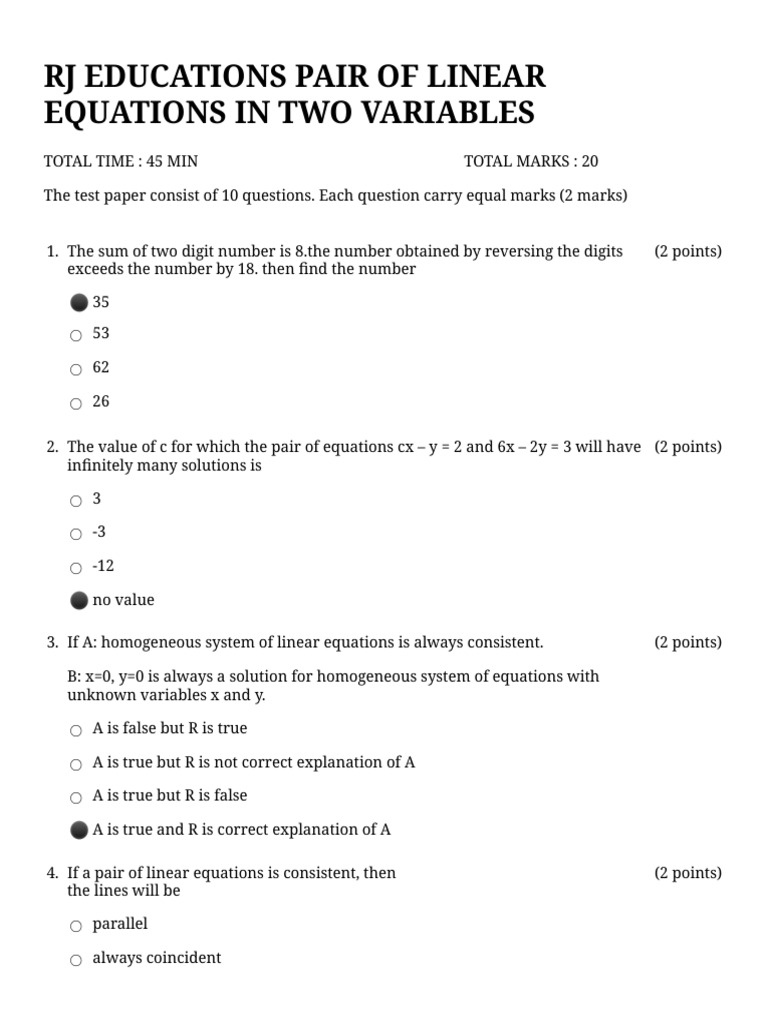 PAIR OF LINEAR EQUATIONS IN TWO VARIABLES Test | PDF