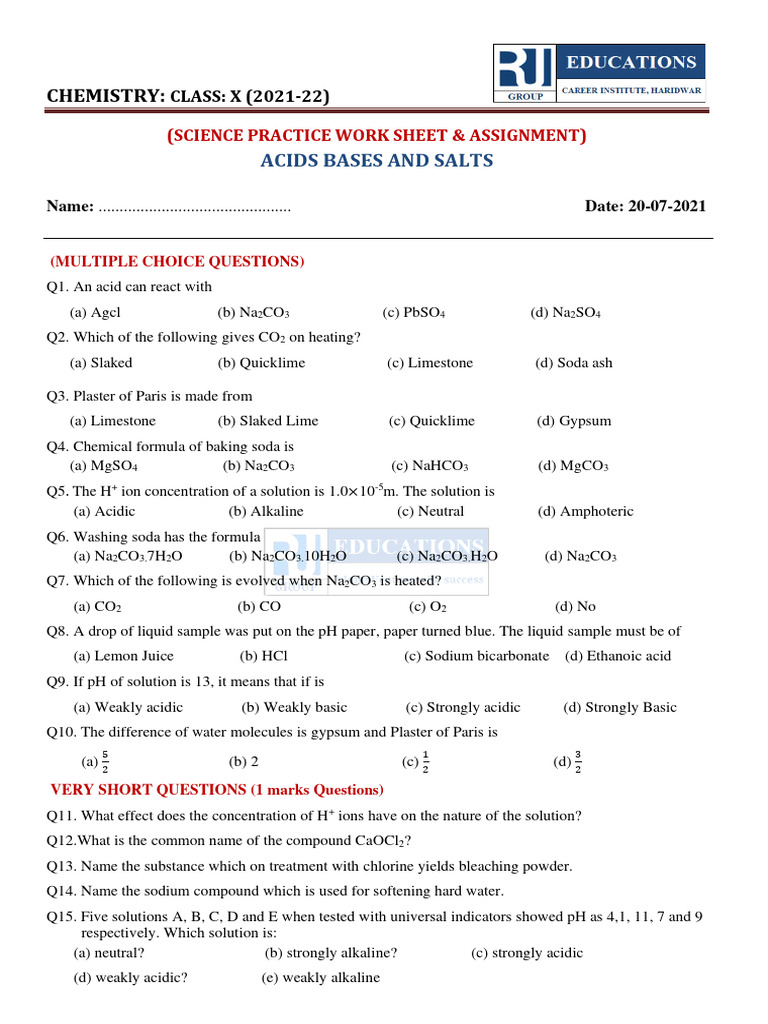 Worksheet - Acids Bases and Salts - C-X | PDF | Sodium Carbonate | Acid