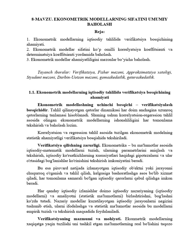 8 Mavzu Ma'ruza Ekonometrik Modellarning Sifatini Umumiy Baholash | PDF