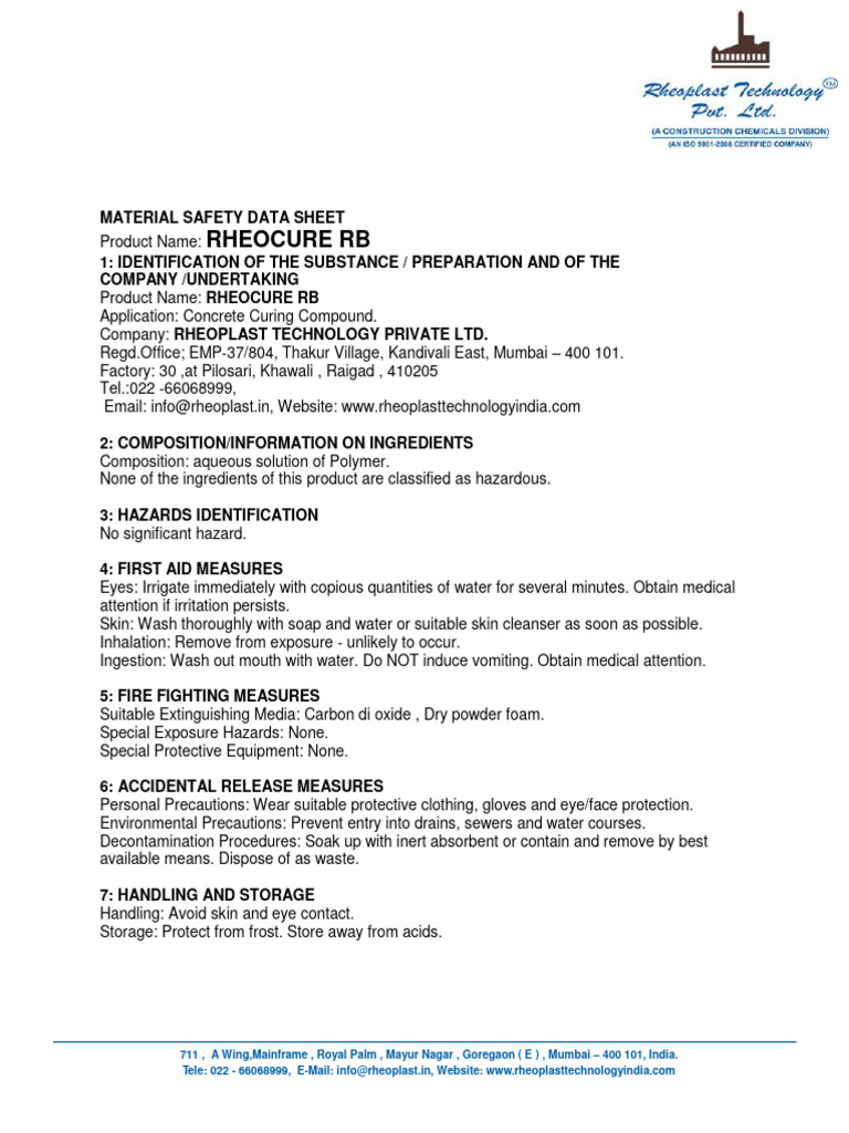 MSDS of RHEOCURE RB | PDF | Water | Waste Management