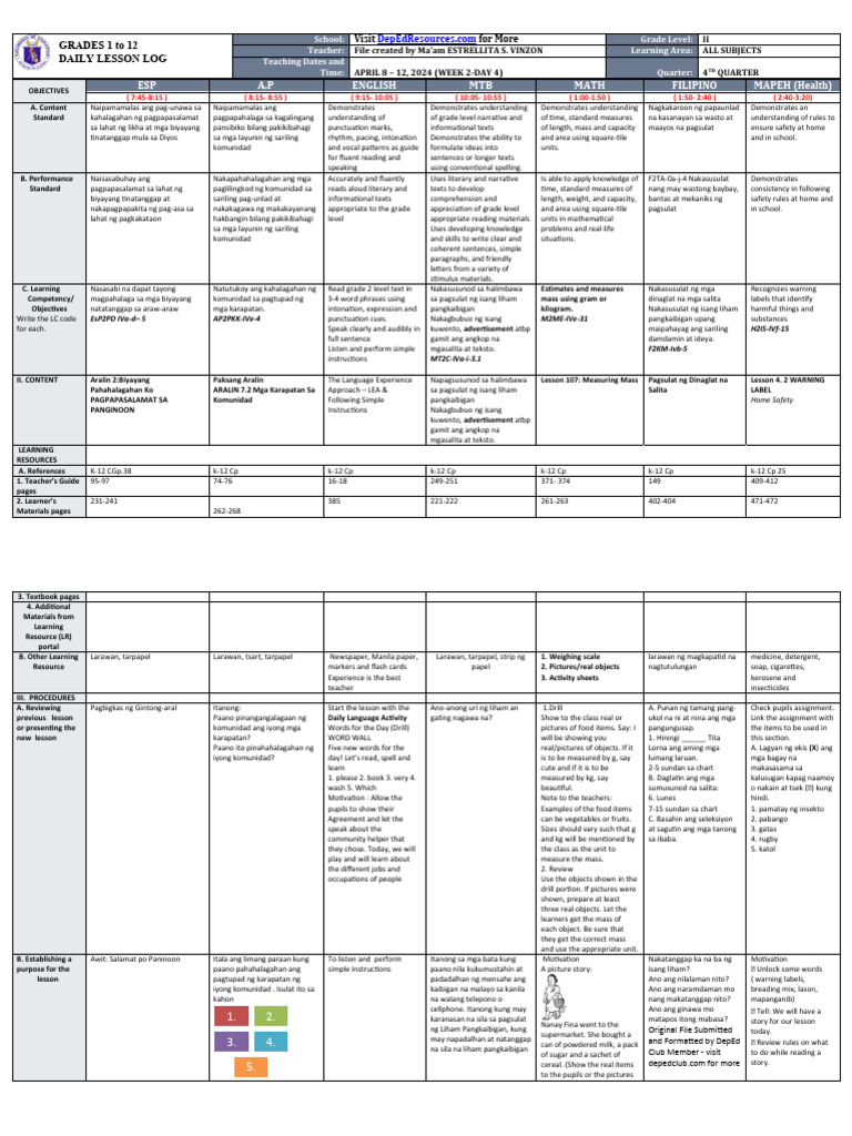 DLL_ALL SUBJECTS 2_Q4_W2_D4 | PDF