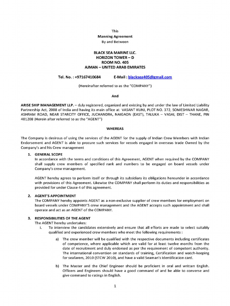 Sample of Manning Agreement Between Owner and RPSL Agent | PDF