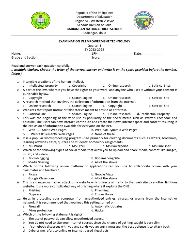 1st Summative Exam 2022-2023 Set B | PDF | World Wide Web | Internet & Web