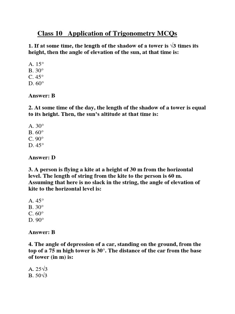 10 - App of Trig - MCQ - Ques and Ans 2023 | PDF | Length | Shadow