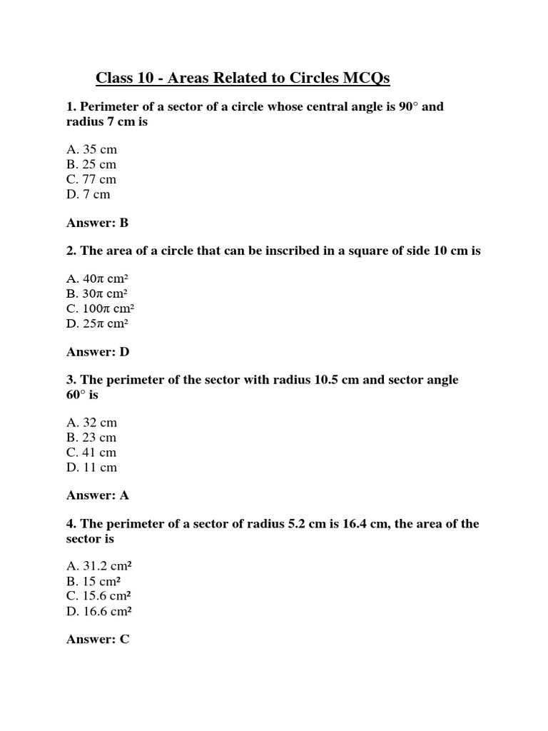 10 - Area Rel Circle - MCQ - Ques and Ans-2023 | PDF | Area | Circle