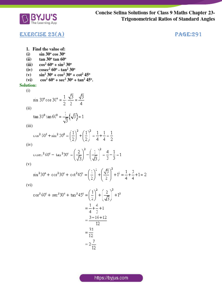 Concise Selina Solutions For Class 9 Maths Chapter 23 Trigonometrical Ratios of Standard Angles ...