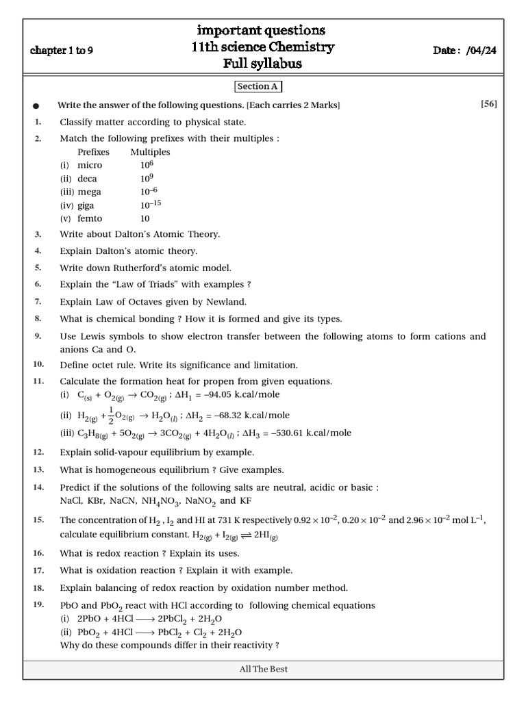Class 11 Physics Important Questions | PDF | Chemical Bond | Chemical Reactions