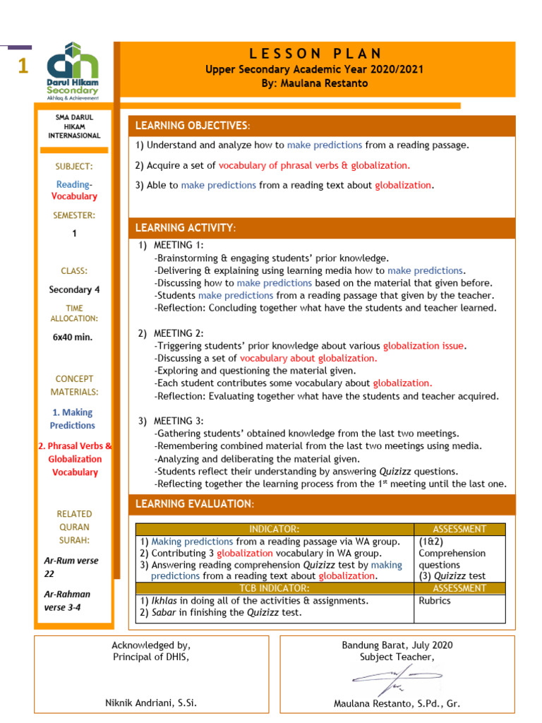 Lesson Plan Sec. 4 Reading-Vocabulary | PDF | Reading Comprehension | Lesson Plan