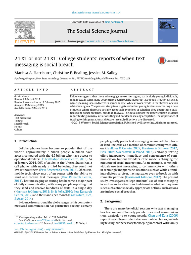 2 TXT or Not 2 TXT College Students Reports of When - 2015 - The Social ...