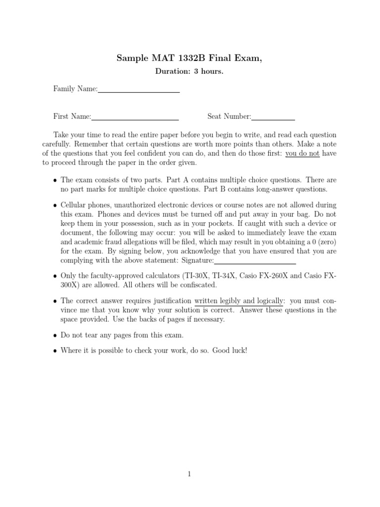 Sample Final B | PDF | Eigenvalues And Eigenvectors | Function (Mathematics)