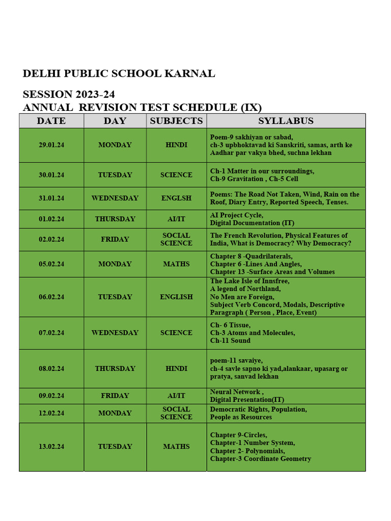 Annual Exam Revision Test Schedule (2024) | PDF