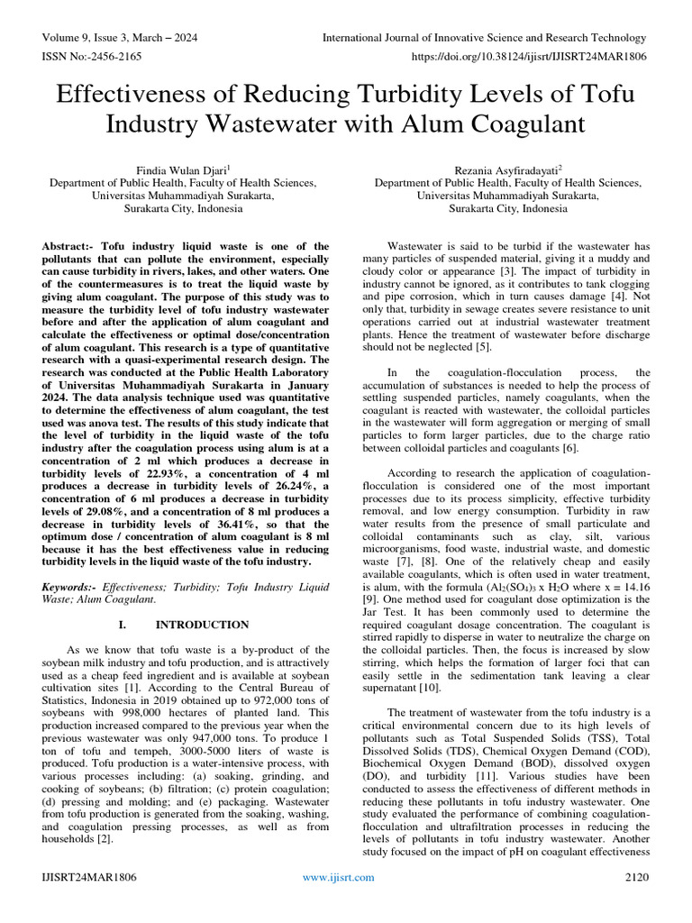 Effectiveness of Reducing Turbidity Levels of Tofu Industry Wastewater With Alum Coagulant | PDF