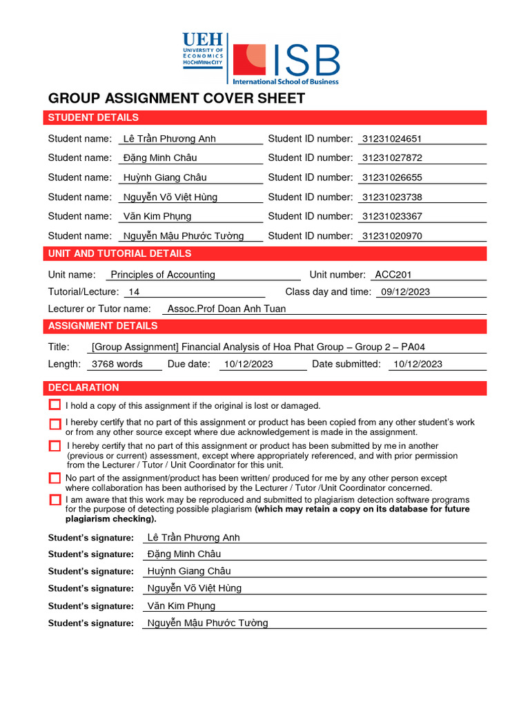 Group Assignment Financial Analysis of Hoa Phat Group Group 2 PA04 2 1 | PDF | Equity (Finance ...