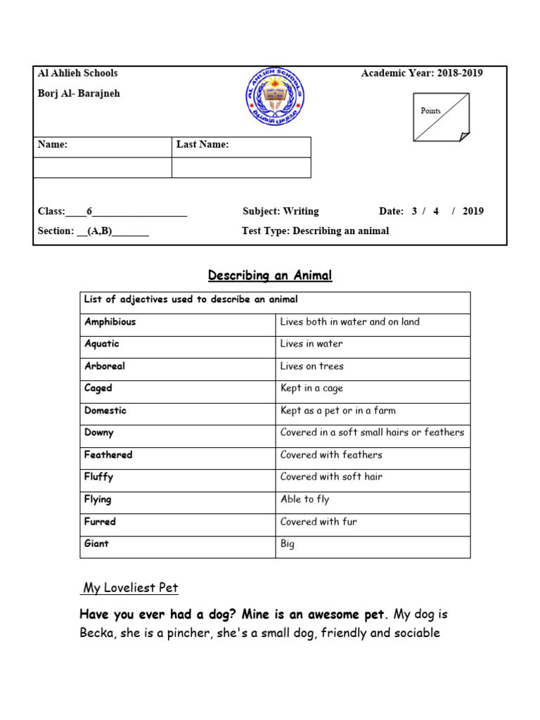 Grade 6 Animal Description Guide | PDF | Language Arts & Discipline ...