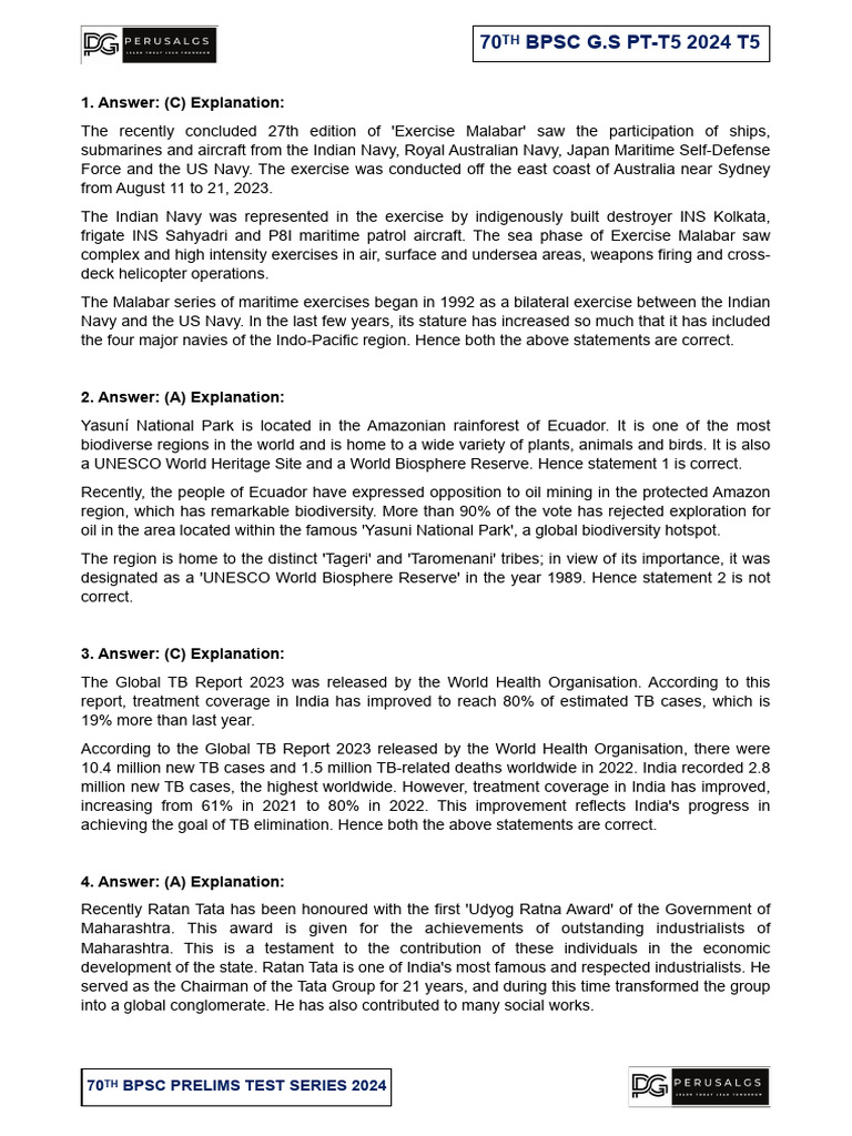 Perusal GS 70 BPSC TEST 5 Current Affairs Explanation English | PDF ...