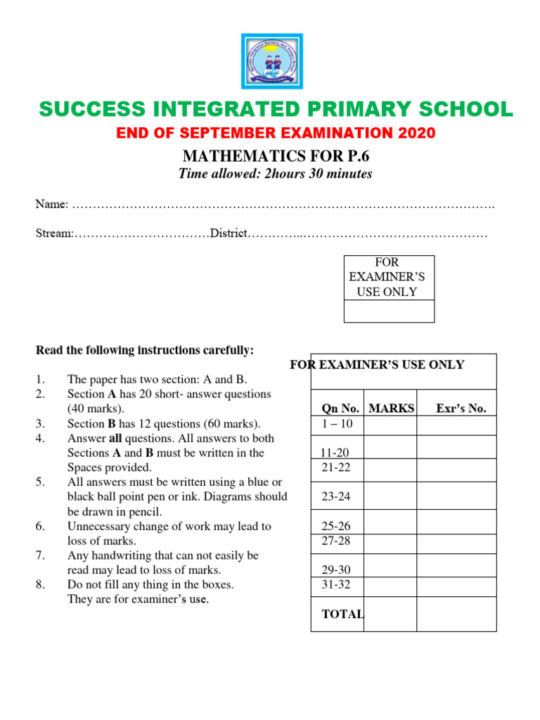 P.6 Mathematics Exam 2020 | PDF | Mathematics