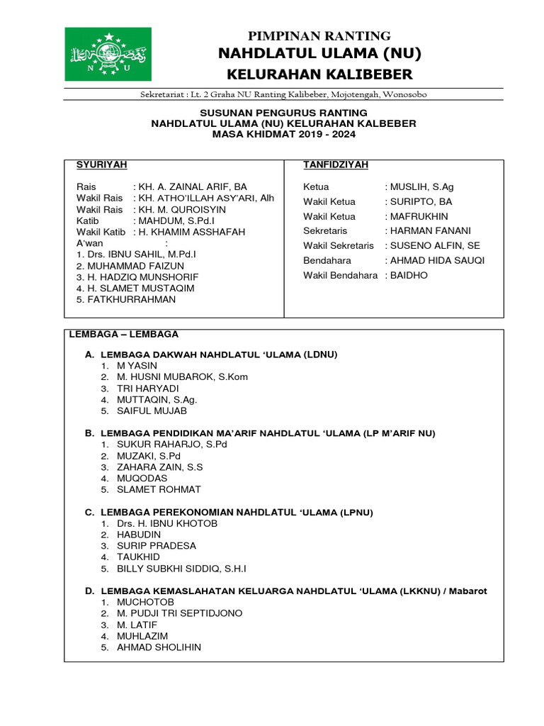 Susunan Pengurus NU Dan Lembaga 2019 - 2024 | PDF
