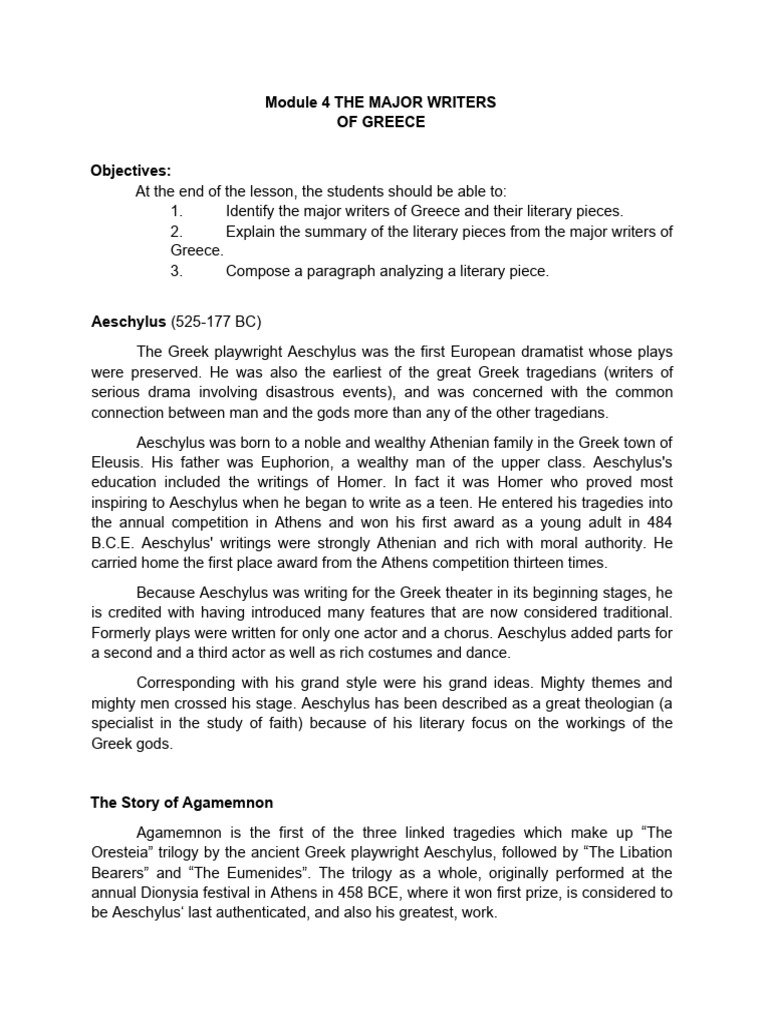 Module 4 THE MAJOR WRITERS OF GREECE | PDF | Oresteia | Oedipus