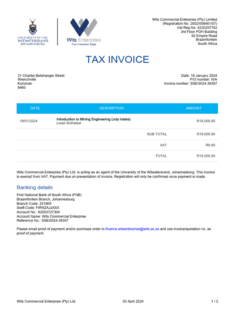 Wits Enterprise SSEG024-39307 | PDF | Payments | Fee