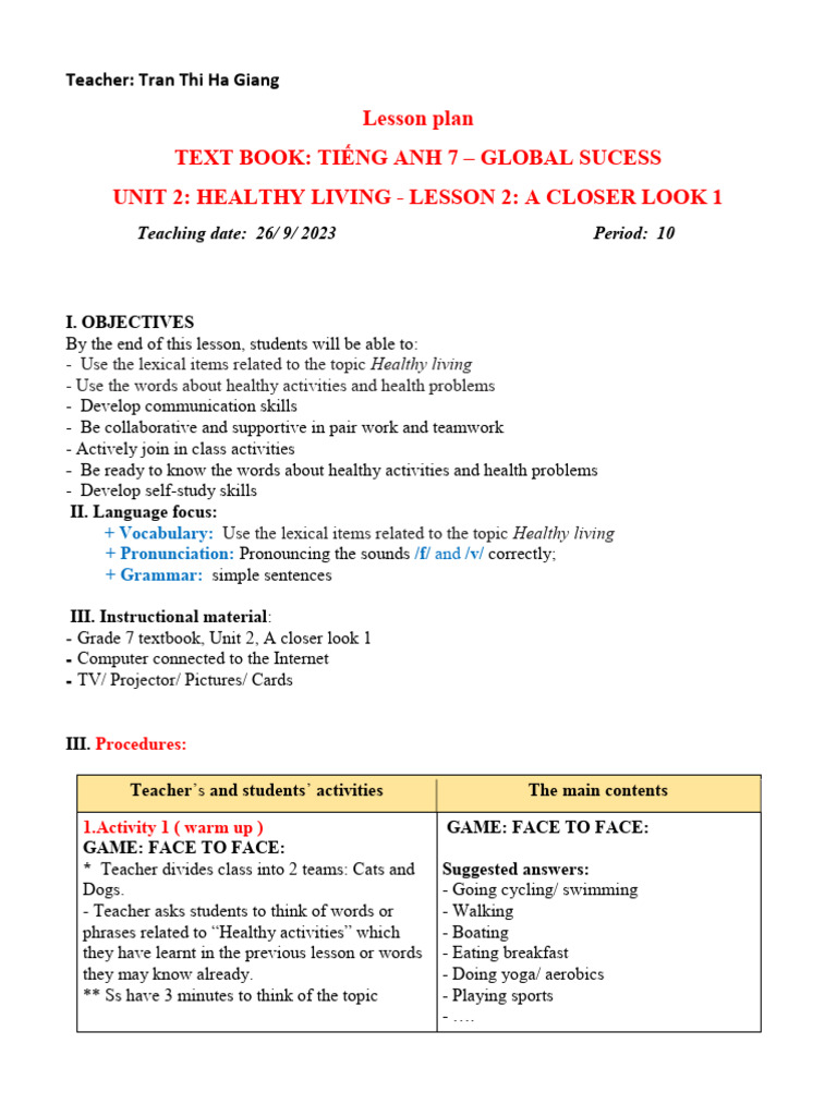 Lesson plan Text Book: Tiếng Anh 7 - Global Sucess Unit 2: Healthy Living - Lesson 2: A Closer ...