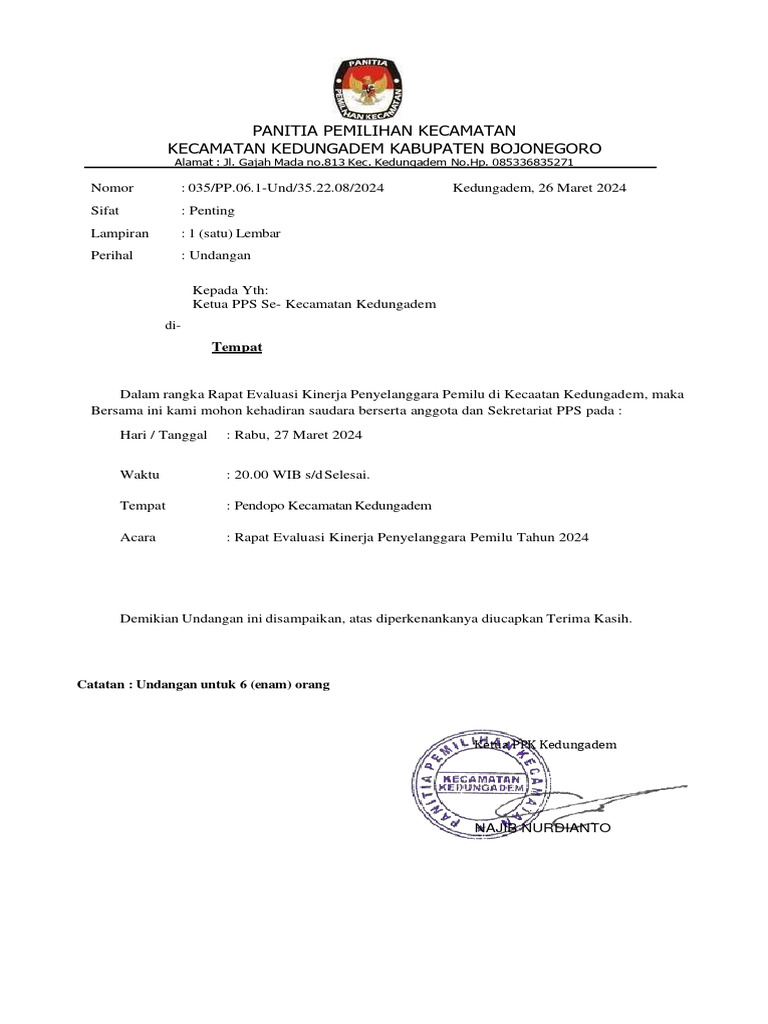 Undangan Rapat Evaluasi Pemilu 2024 | PDF