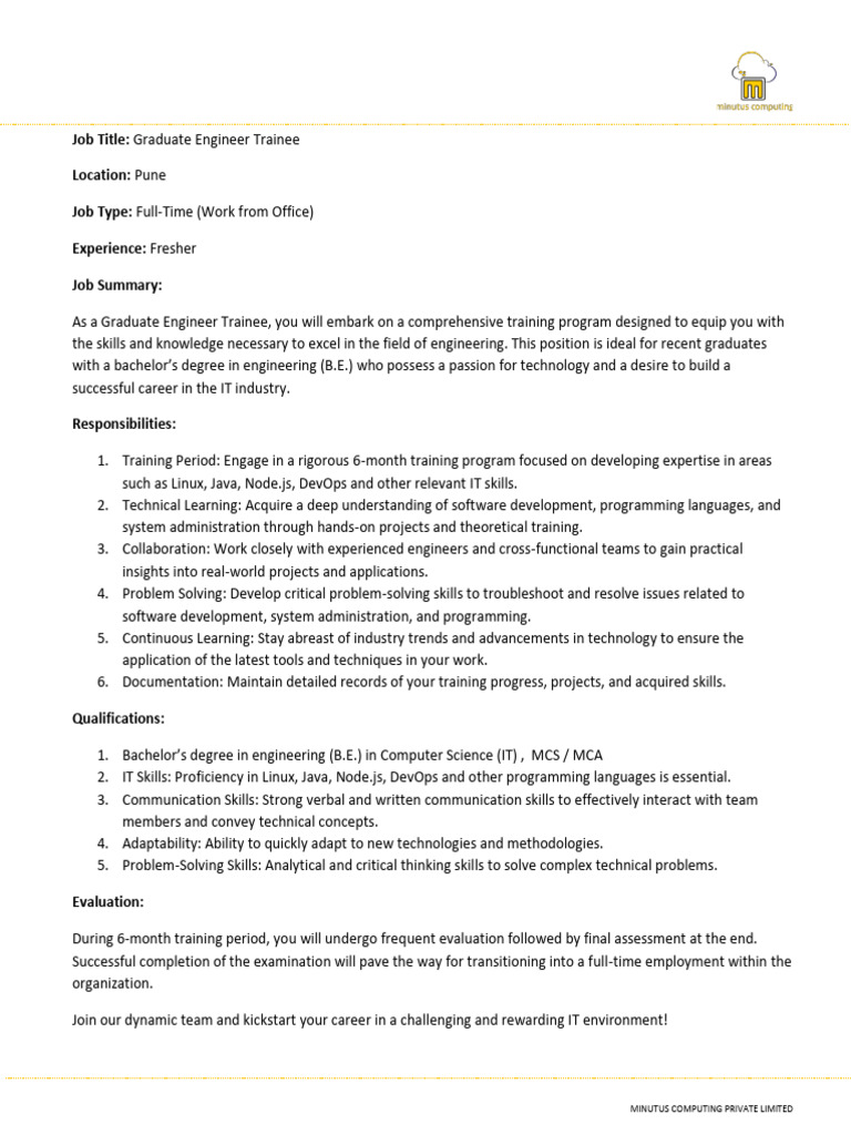 JD - Graduate Engineer Trainee - Minutus-2 | PDF | Computer Programming | Engineering