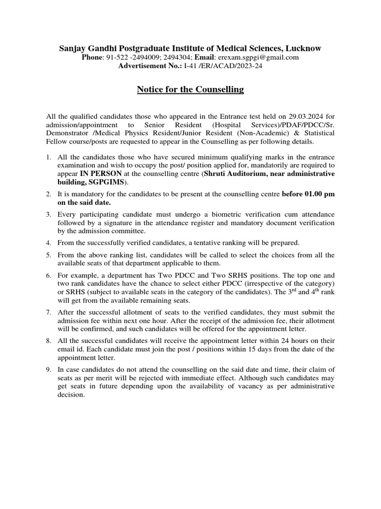 SGPGIMS SRHS PDAF PDCC JRNA SF SD MPR Etc Counselling Notice - 12-13 ...