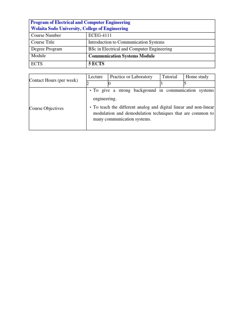 Introduction To Communication System Course Outline Pdf Modulation