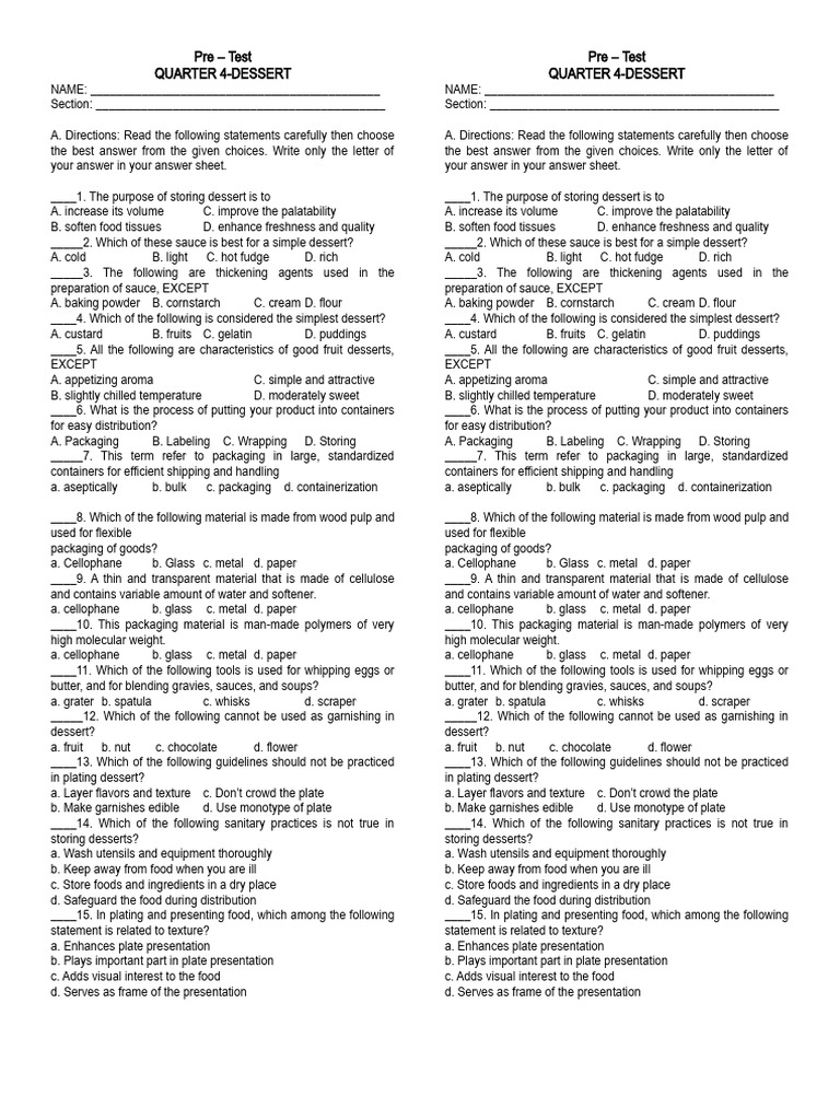 Q4-Cookery 9-Pretest-Dessert | Download Free PDF | Desserts | Packaging ...