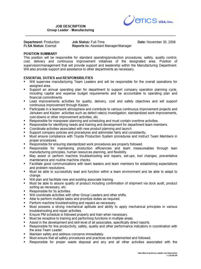 Manufacturing Group Leader Role | PDF | Troubleshooting | Lean ...